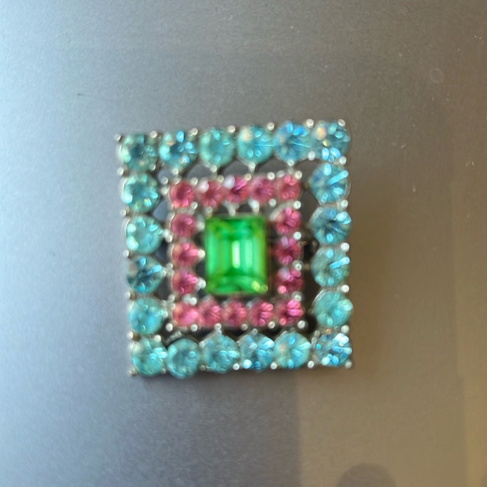 Vintage Multicolor Rhinestone Square Brooch - Gem